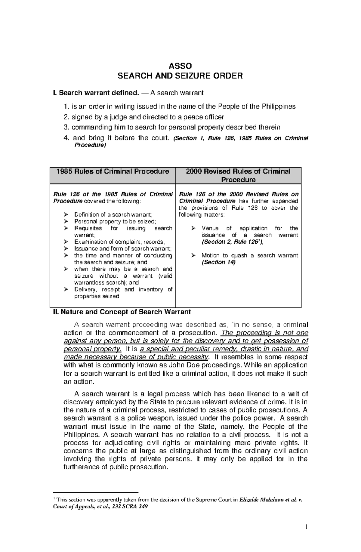 Crimpro ASSO - ASSO - ASSO SEARCH AND SEIZURE ORDER I. Search warrant ...