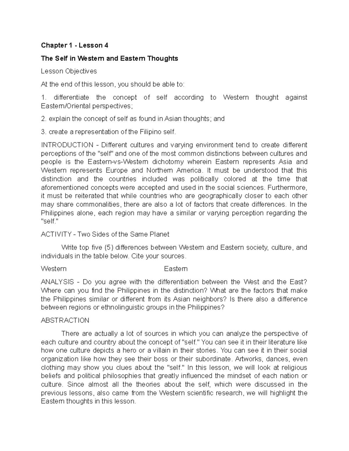 The Self in Western and Eastern Thoughts - Chapter 1 - Lesson 4 The ...