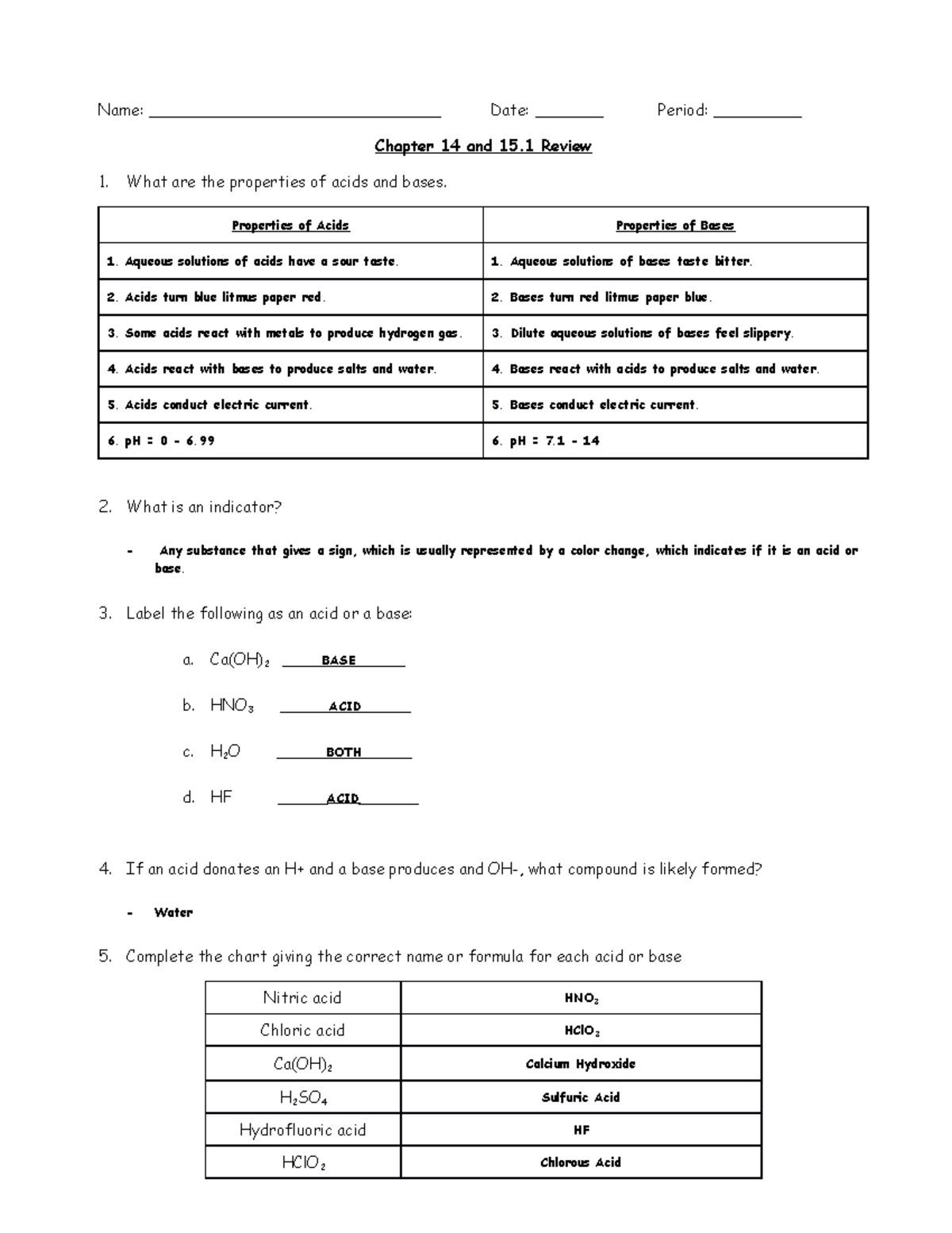 Chapter 14 and 15.1 review answer key - Name ...