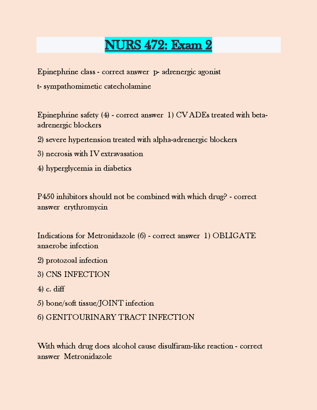 NURS 472 Exam 2 - NURS 472 - NURS 472: Exam 2 Epinephrine class ...