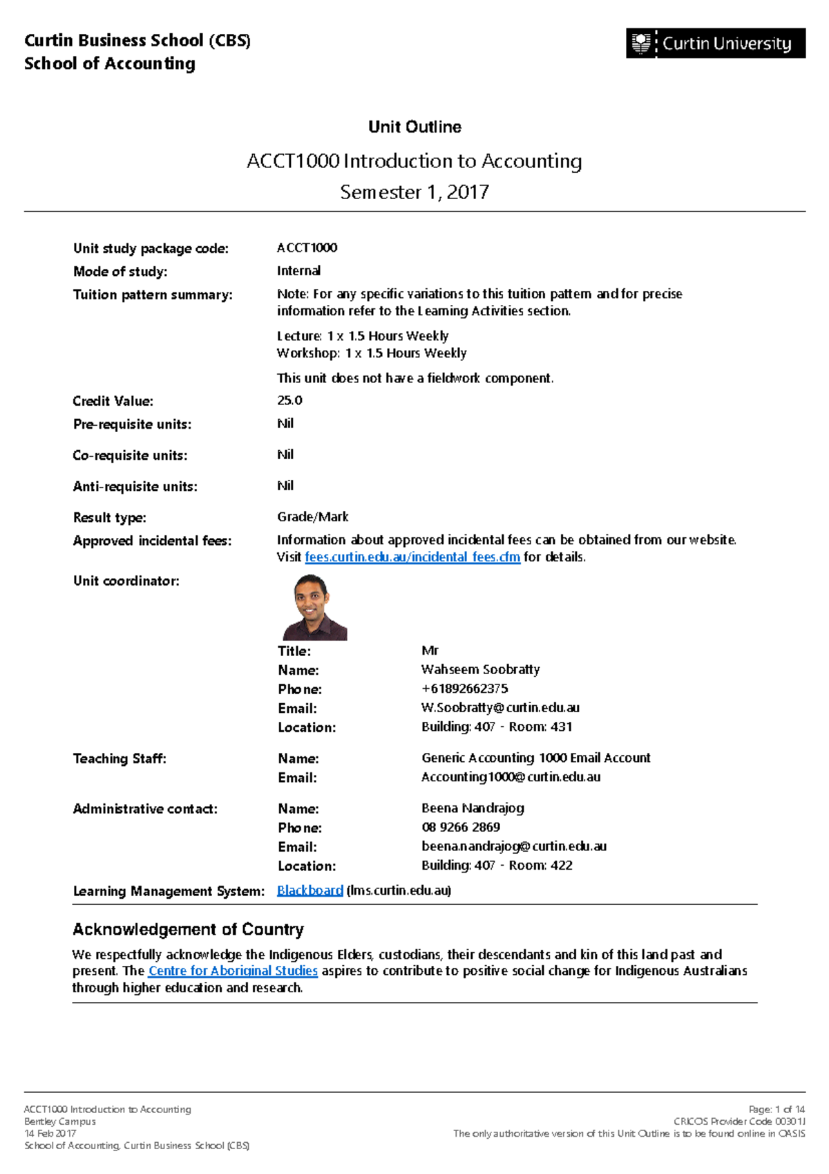 ACCT1000 Introduction to Accounting Semester 1 2017 Bentley Campus INT ...