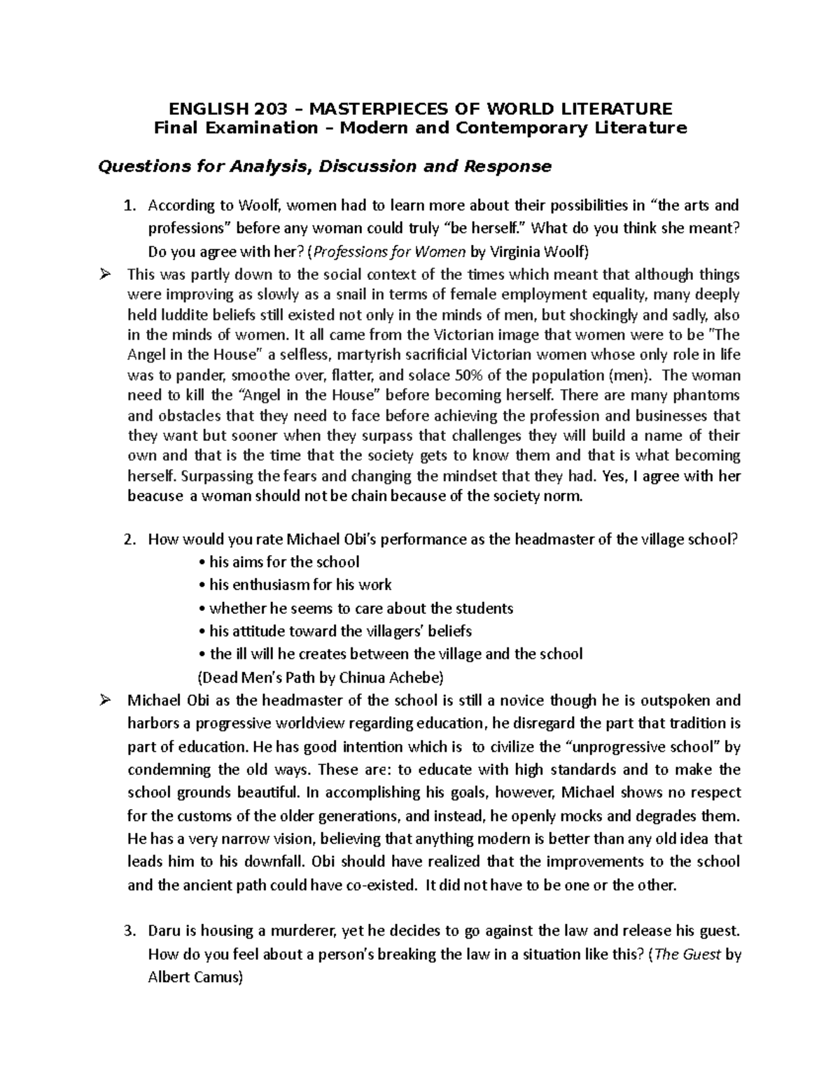 World LIT - Literature - ENGLISH 203 – MASTERPIECES OF WORLD LITERATURE ...