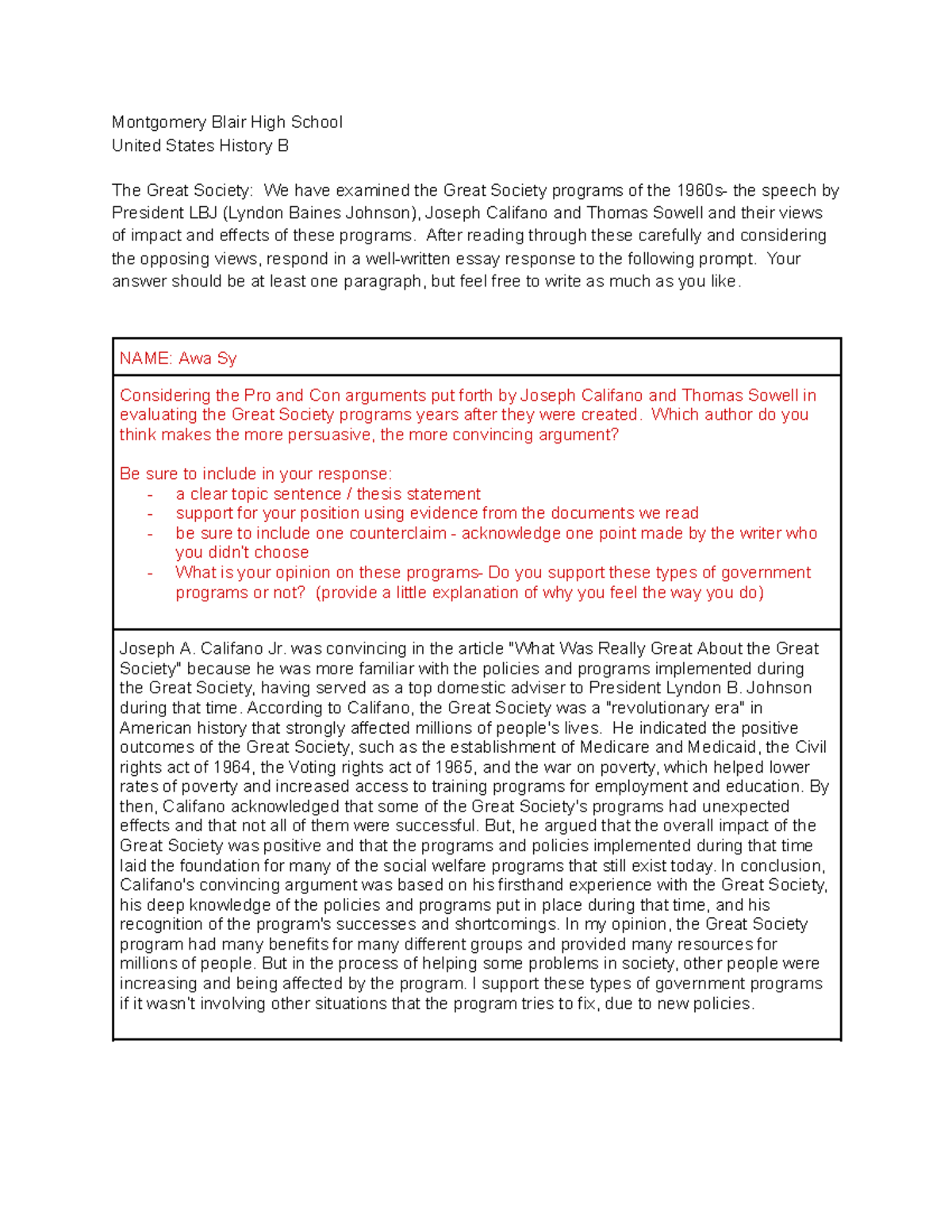 Essay Great Society - Montgomery Blair High School United States ...