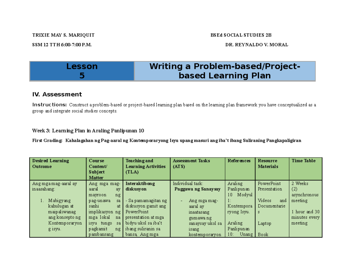 Writing a Problem based Project based Le - TRIXIE MAY S. MARIQUIT BSEd SOCIAL STUDIES 2B SSM 12 ...