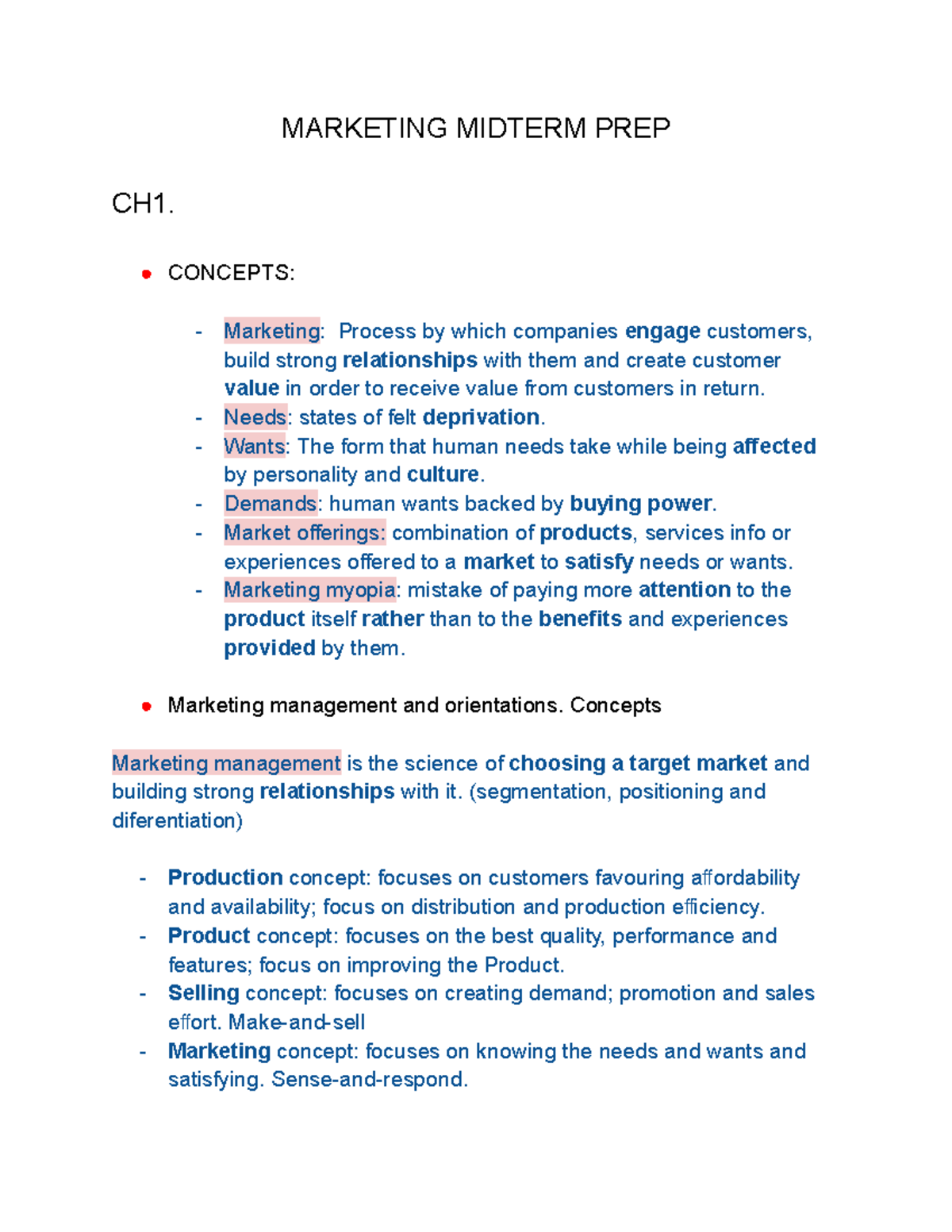 Marketing Midterm Prep Marketing Midterm Prep Ch1 Concepts