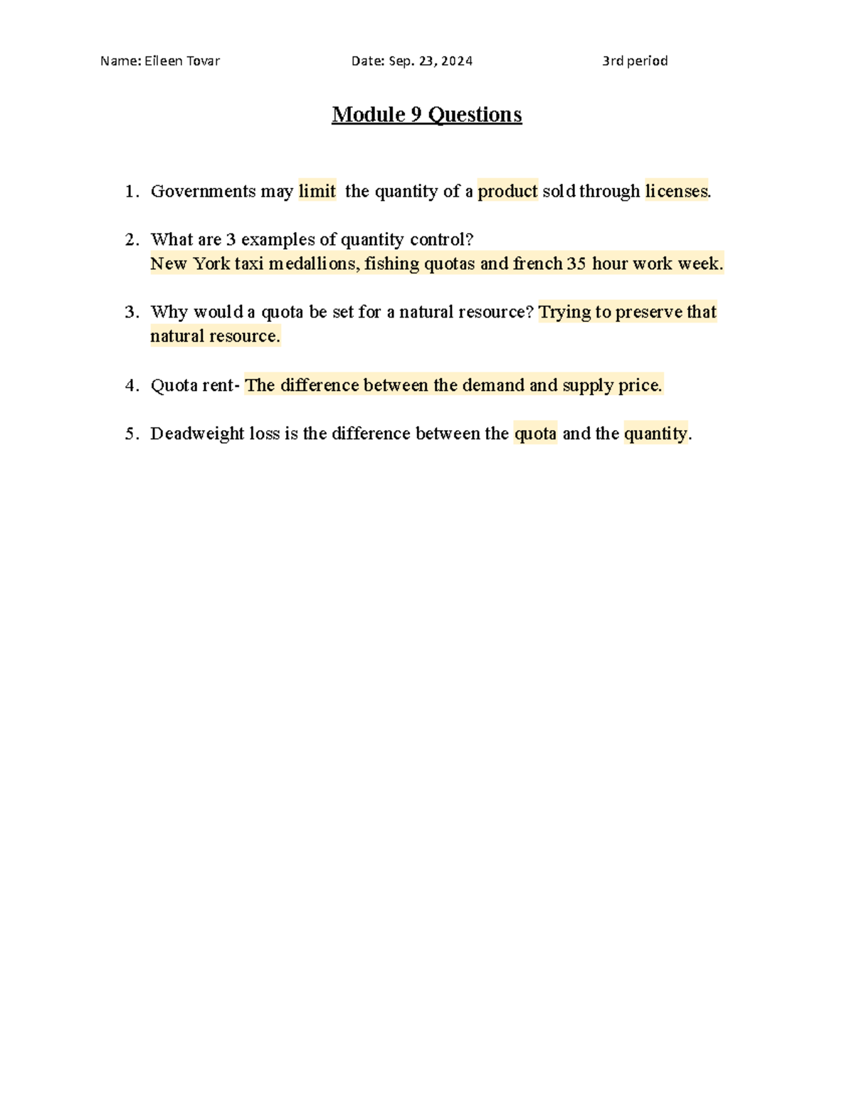 Module 9 Video Questions - Name: Eileen Tovar Date: Sep. 23, 2024 3rd period Module 9 Questions ...