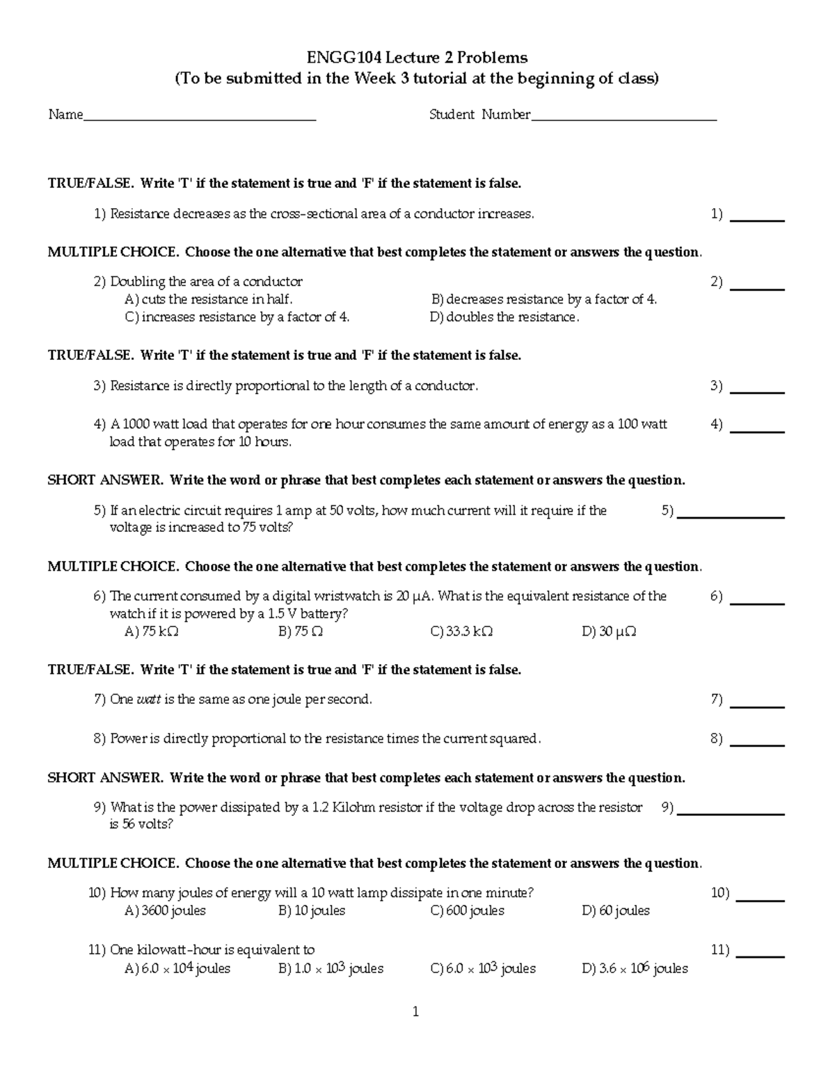 ENGG104 Tut2 sol - ENGG104 Lecture 2 Problems (To be submitted in the Week 3 tutorial at the ...