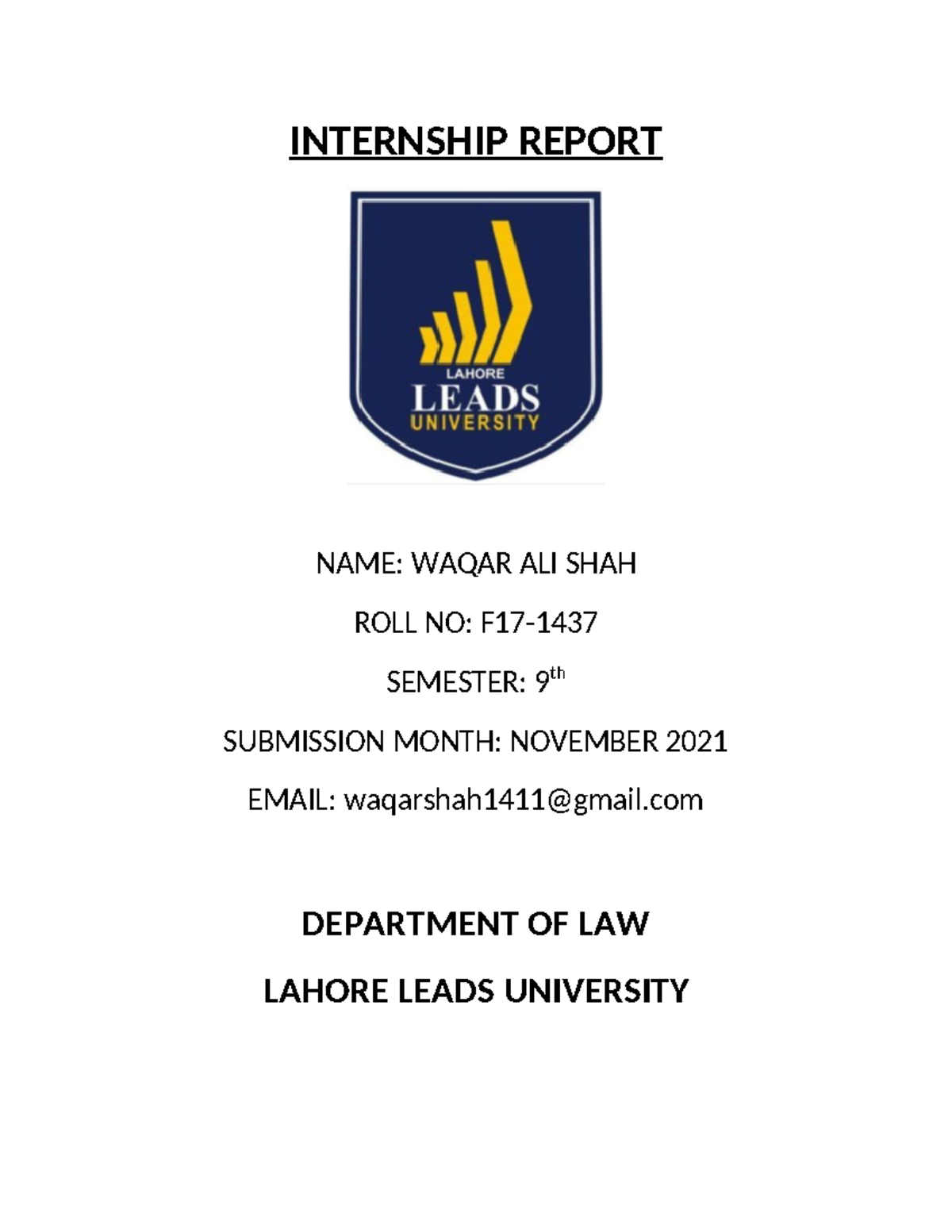 Internship Report LLB - INTERNSHIP REPORT NAME: WAQAR ALI SHAH ROLL NO ...