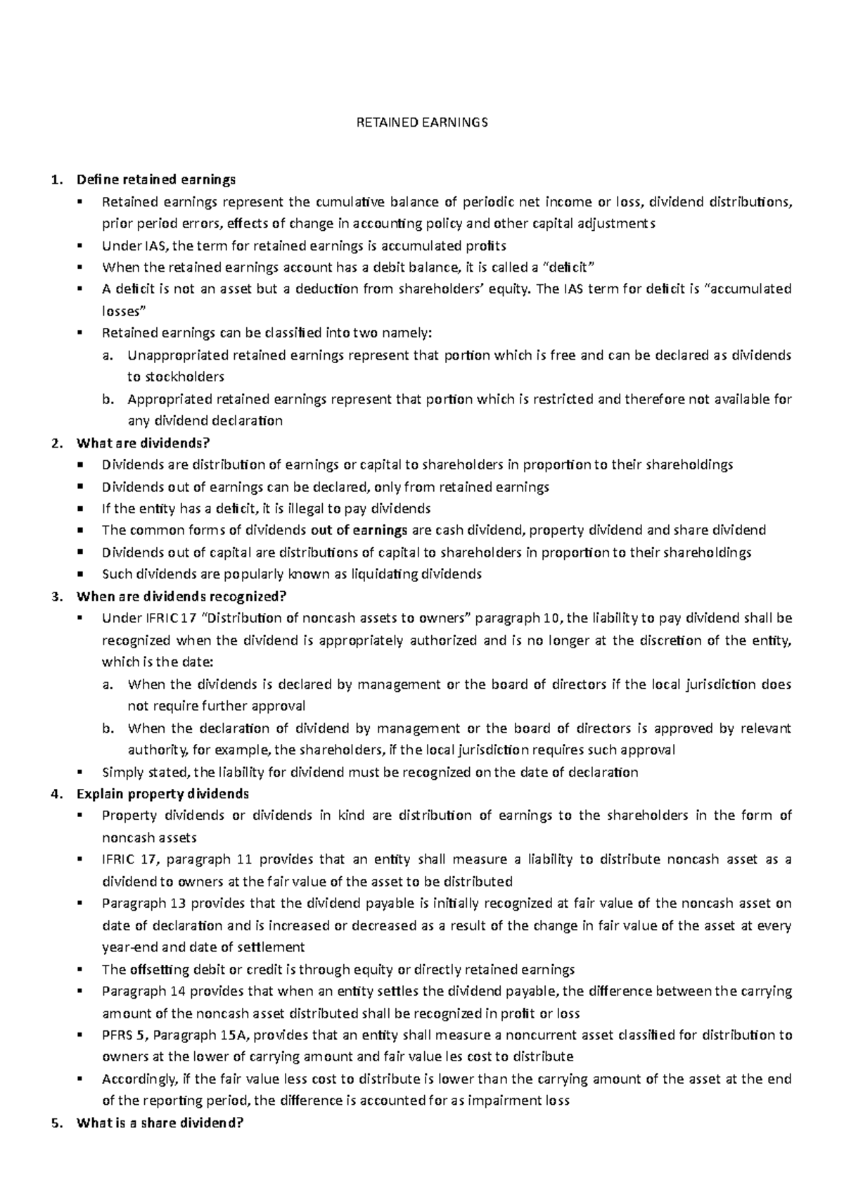 Retained Earnings Summaries and Notes - RETAINED EARNINGS 1. Define ...