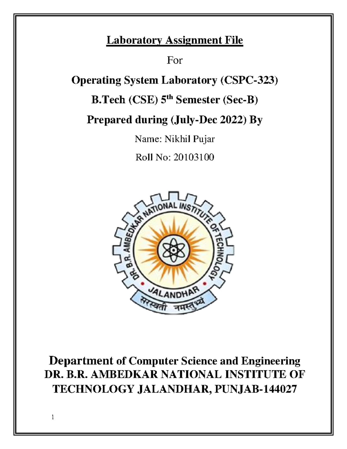 OS Lab File Sample - Nothing - Laboratory Assignment File For Operating System Laboratory (CSPC ...