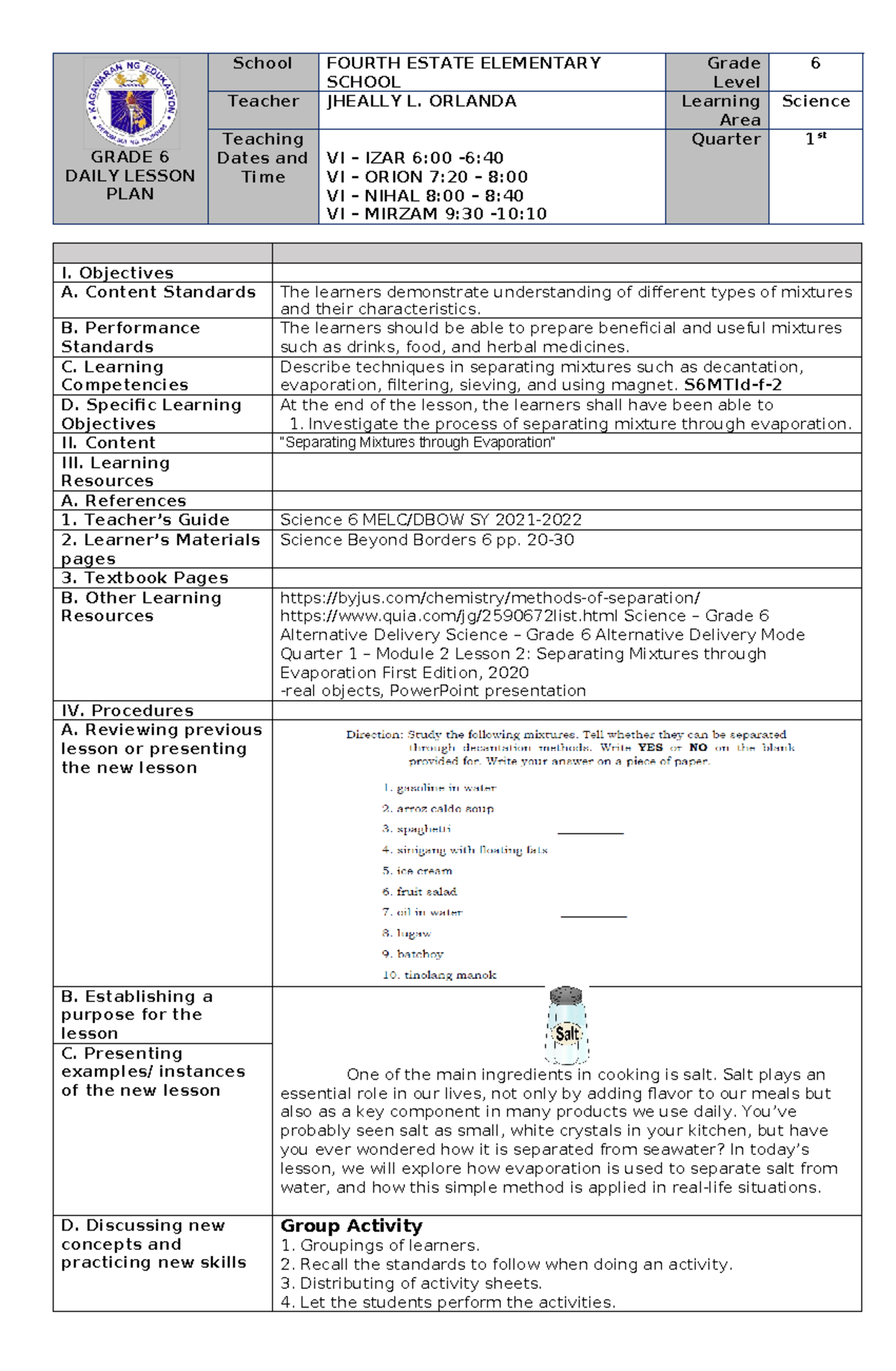 Q1 SCI DLP W1D18 Evaporation - GRADE 6 DAILY LESSON PLAN School FOURTH ...