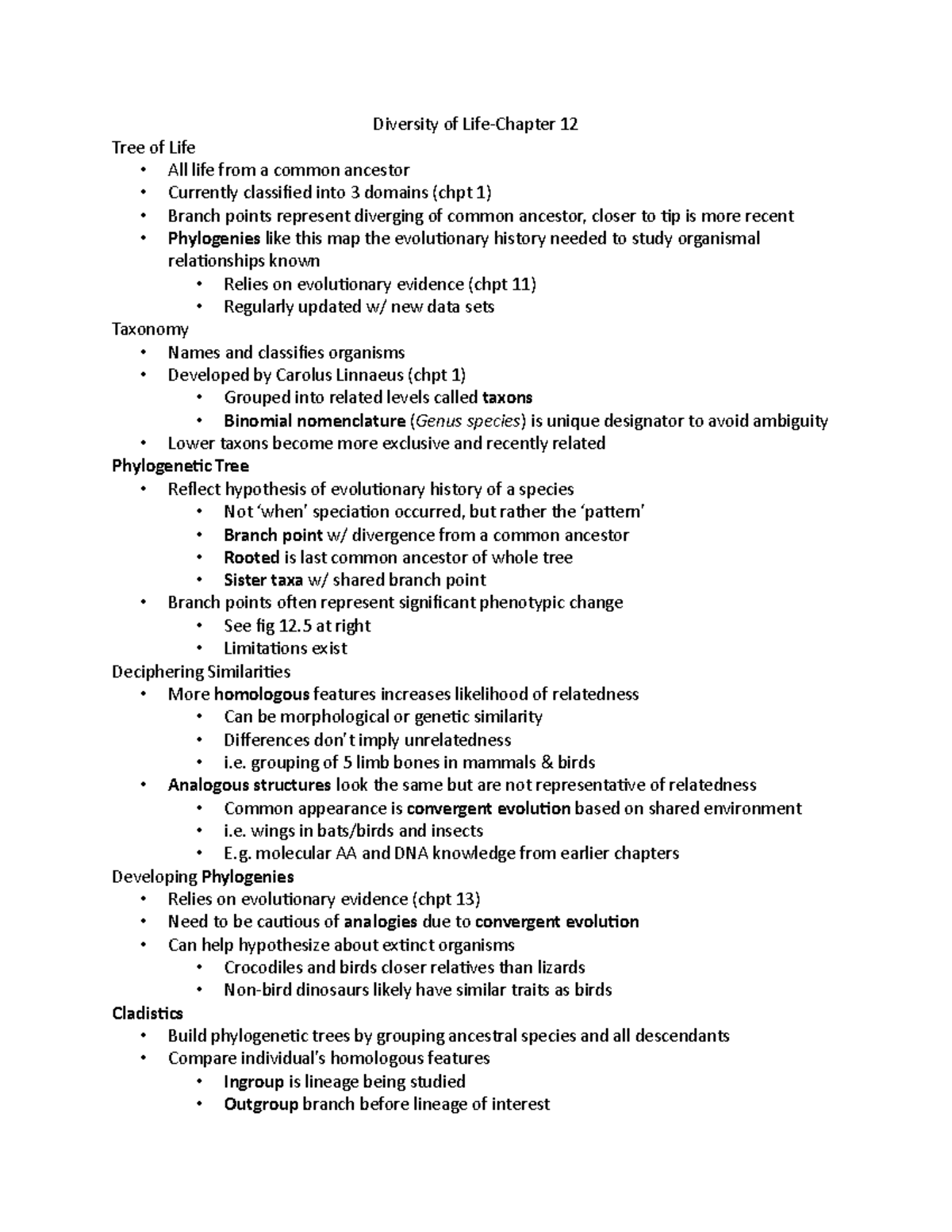 Chapter 12 Notes - Diversity of Life-Chapter 12 Tree of Life All life ...