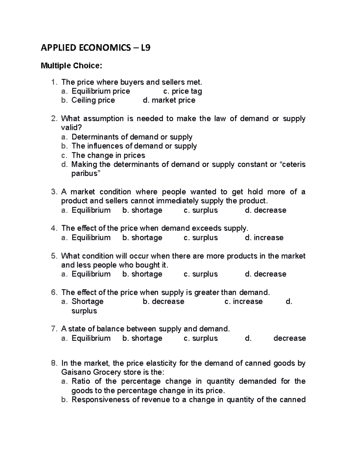 Reviewer of Applied Eco - 9 - APPLIED ECONOMICS – L Multiple Choice ...