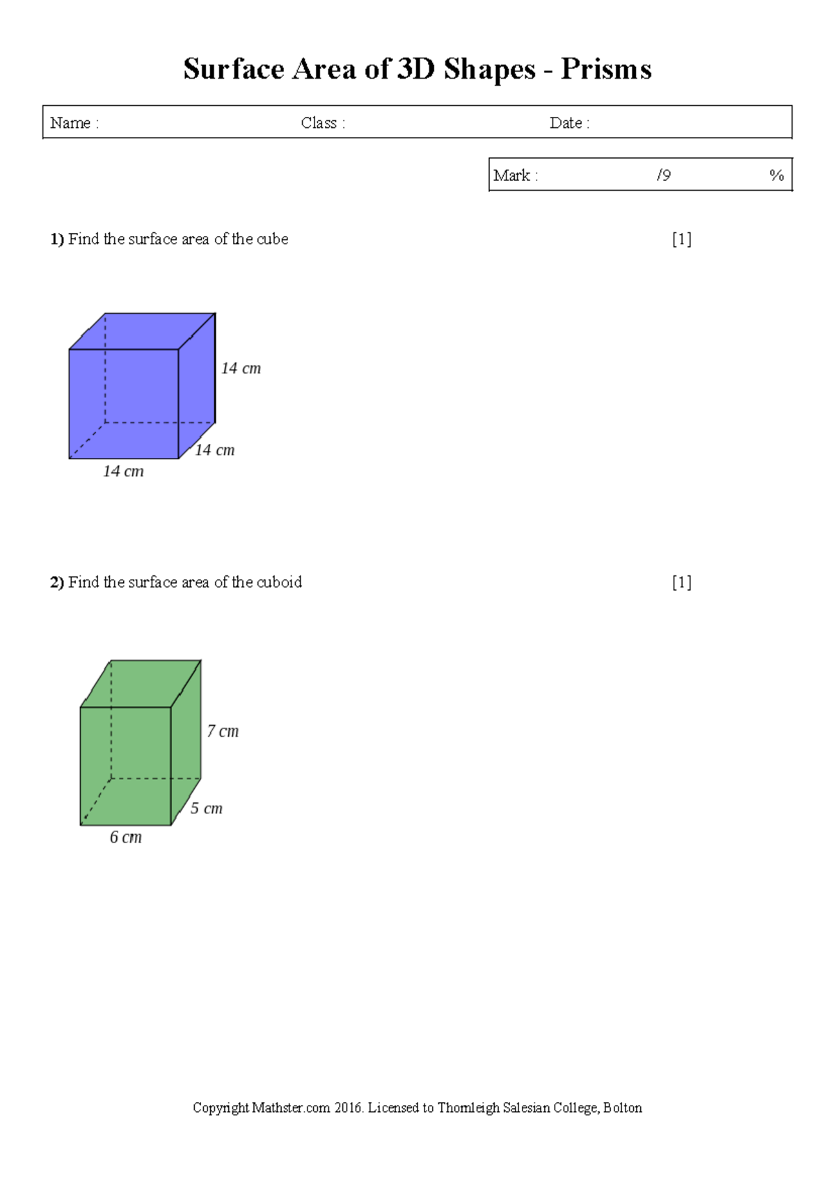 Surface Area of 3D Shapes - Prisms - 1 - Surface Area of 3D Shapes ...