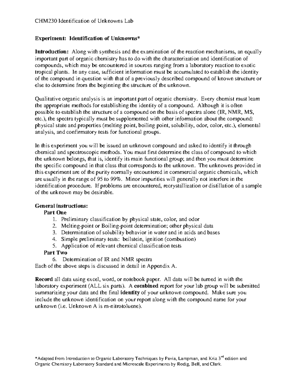 Chm230-identification of unknowns lab - CHM230 Identification of ...