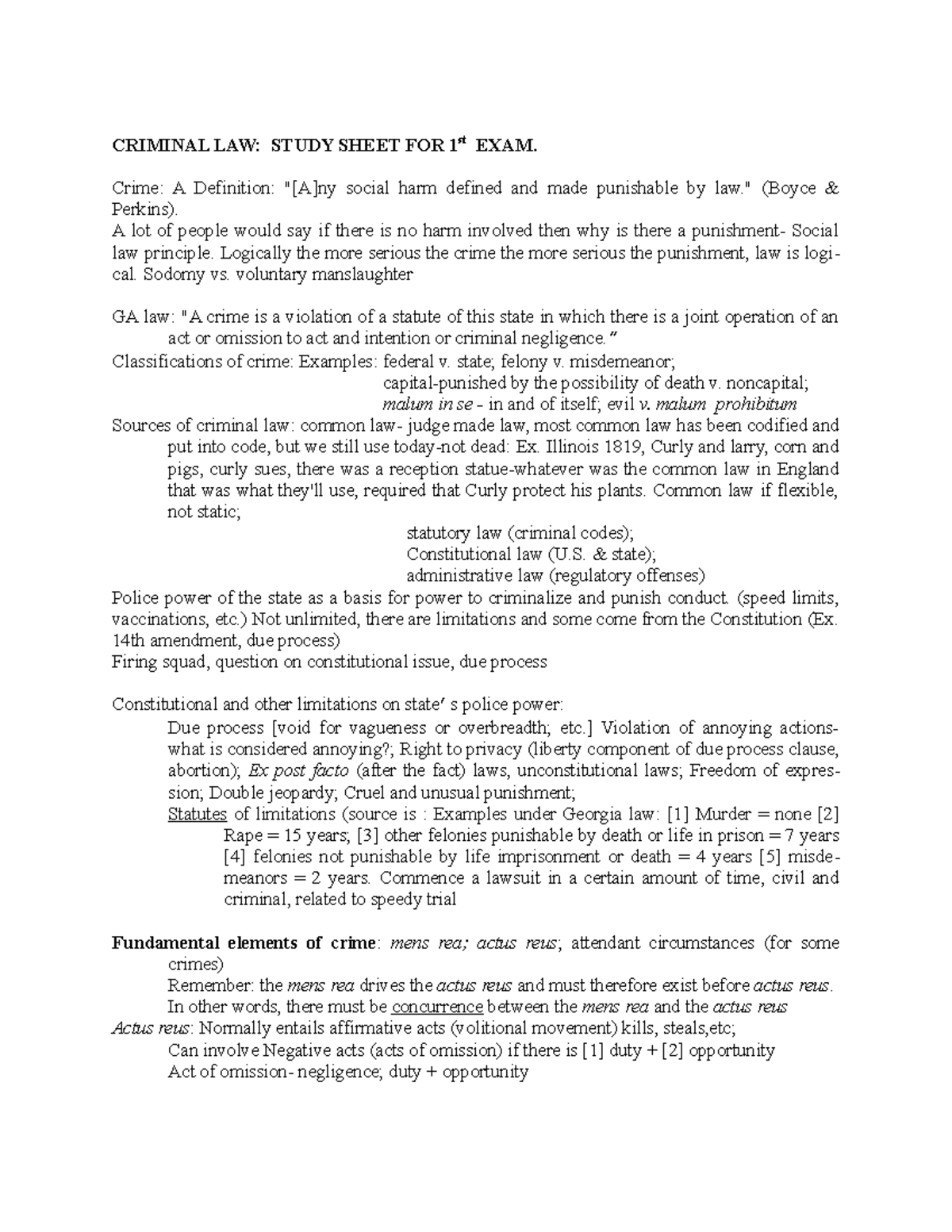 Criminal Law study sheet 1 - CRIMINAL LAW: STUDY SHEET FOR 1st EXAM ...