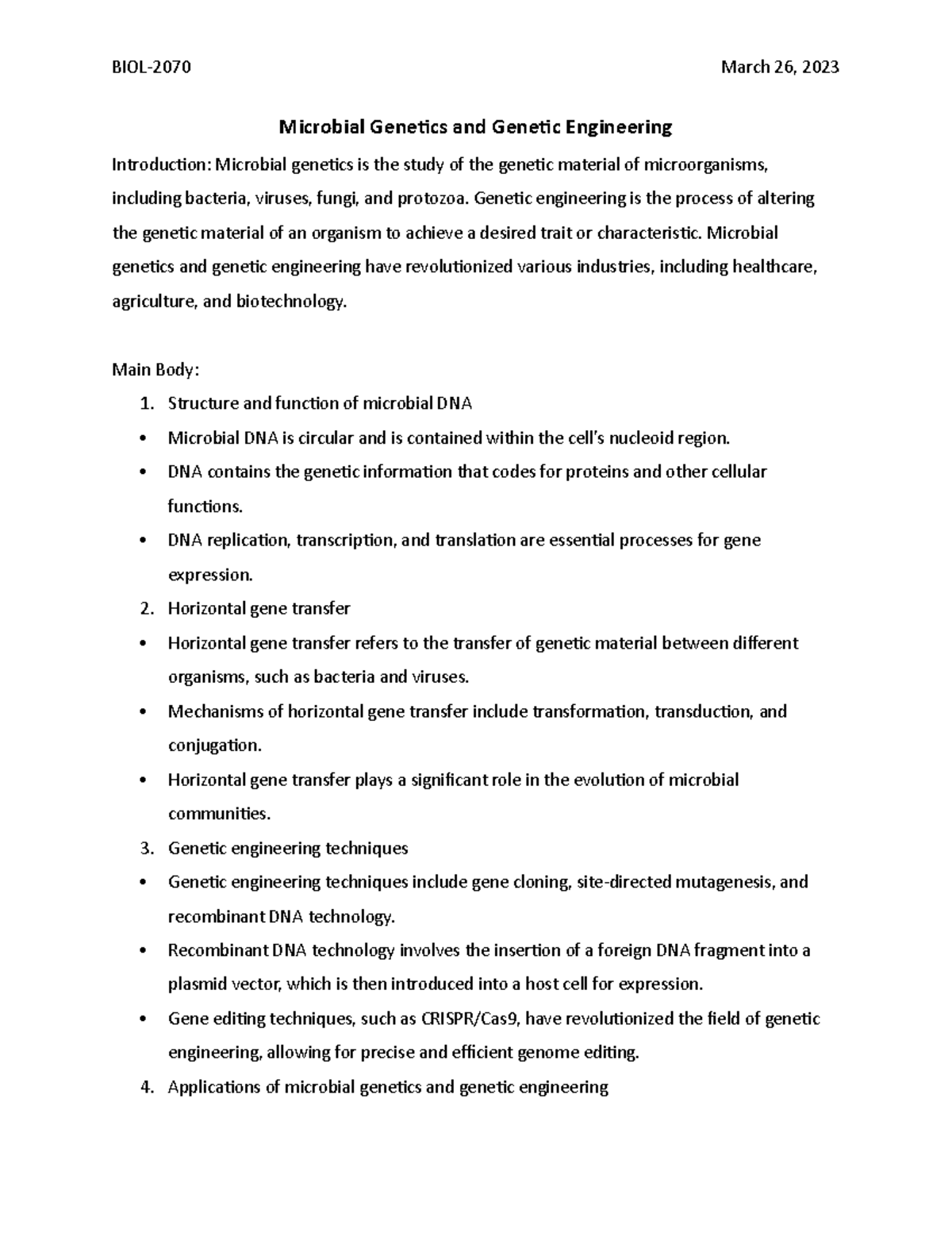 Microbial genetics and genetic engineering - BIOL-2070 March 26, 2023 ...