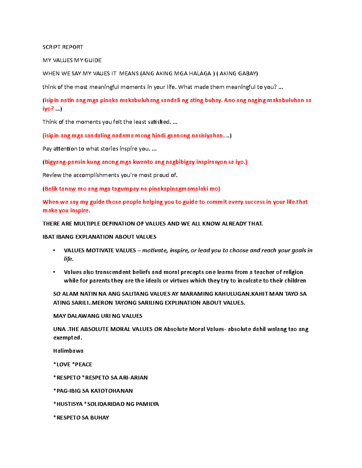 Script Report - good - SCRIPT REPORT MY VALUES MY GUIDE WHEN WE SAY MY VAUES IT MEANS (ANG AKING ...