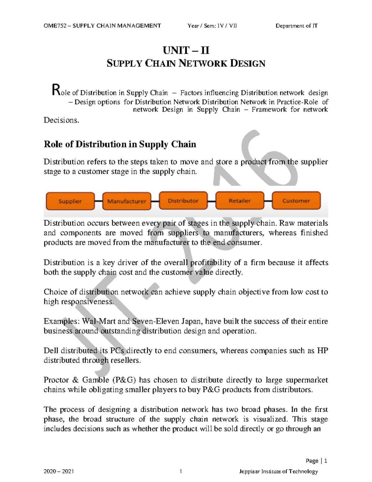 Pdmain unit - good book - UNIT – II SUPPLY CHAIN NETWORK DESIGN Role of ...