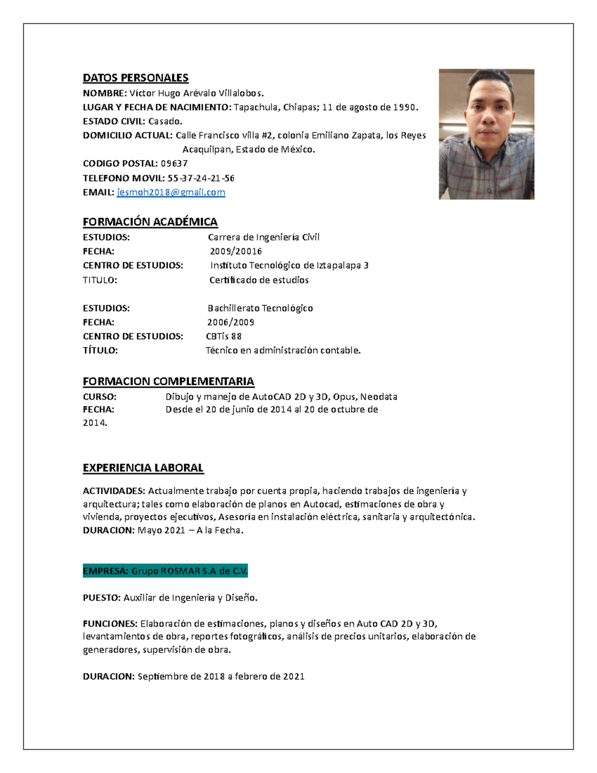 CV Victor HUGO - DATOS PERSONALES NOMBRE: Víctor Hugo Arévalo ...