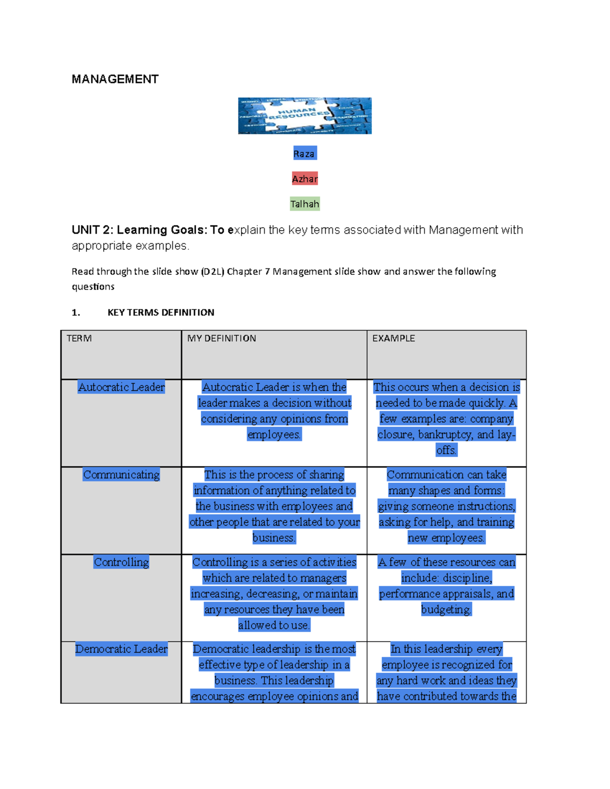 Management Questions - This is a fill in the blank worksheet for ...
