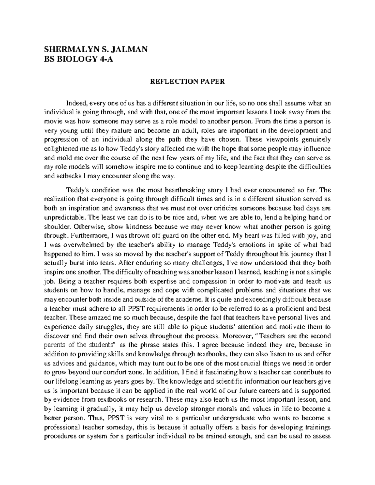 ( Jalman) Bioed 101 Reflection Paper - SHERMALYN S. JALMAN BS BIOLOGY 4 ...
