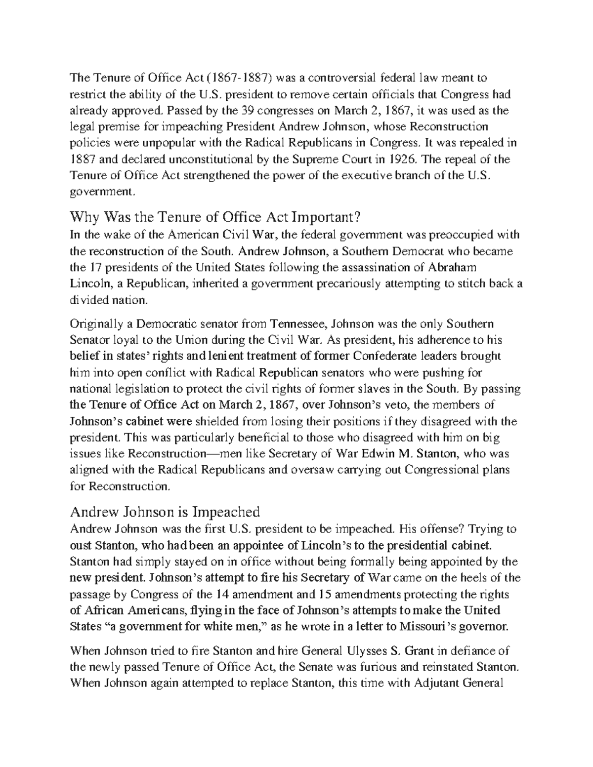 Tenure of Office Act Notes - The Tenure of Office Act (1867-1887) was a ...