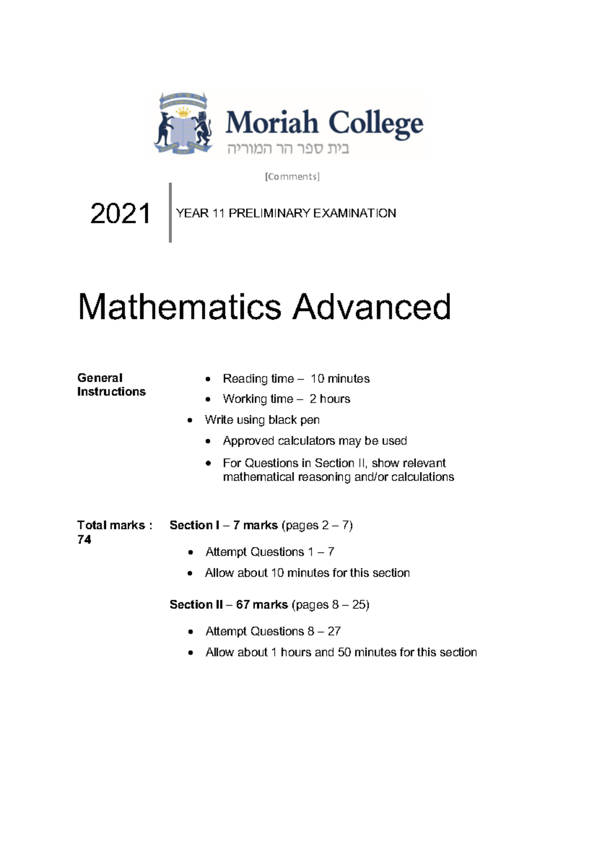 2021 Year 11 Advanced Mathematics Preliminary Examination - [Comments ...