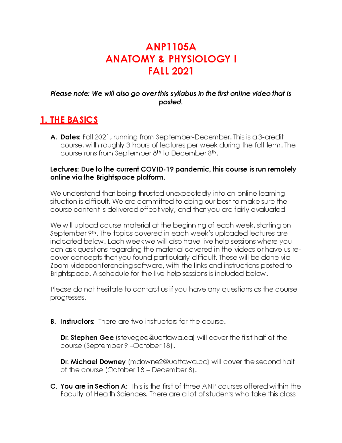 ANP1105A Anatomy Physiology I Fall 2021 Syllabus - Studocu
