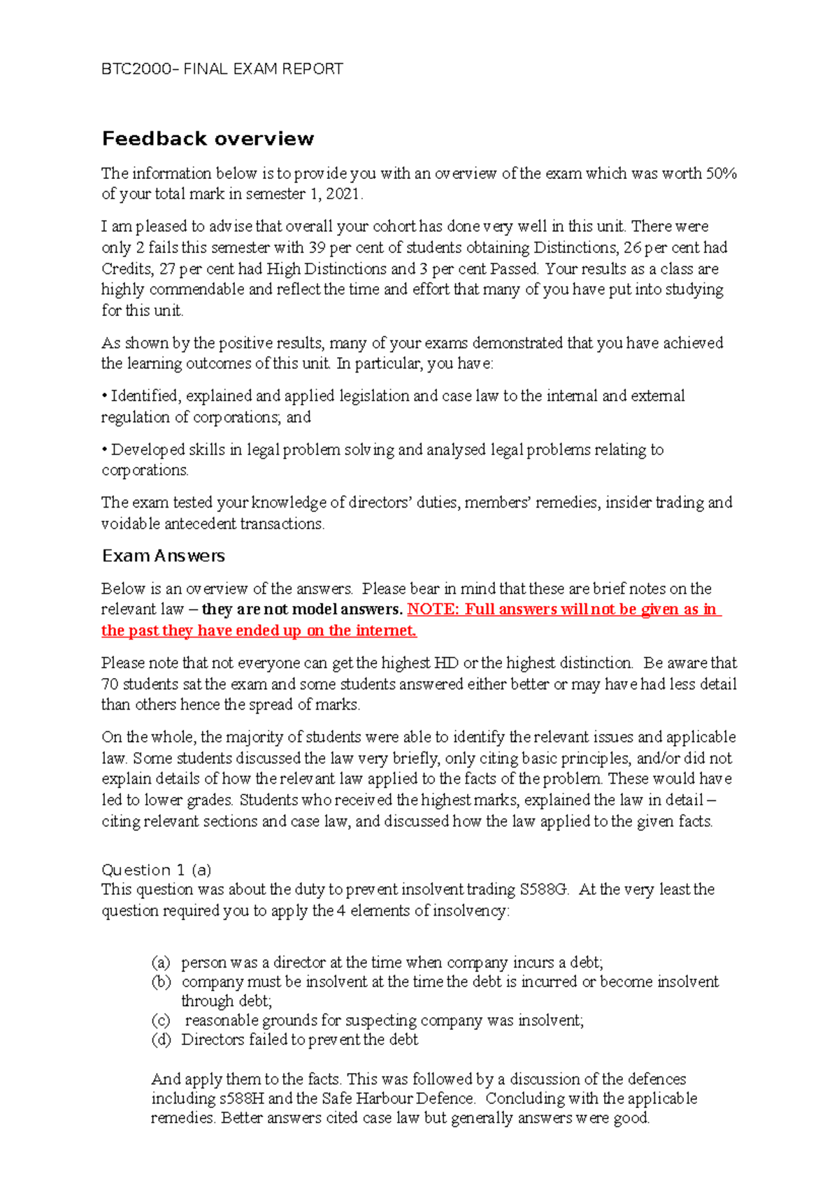 Exam Feedback 2021 - BTC2000– FINAL EXAM REPORT Feedback overview The ...