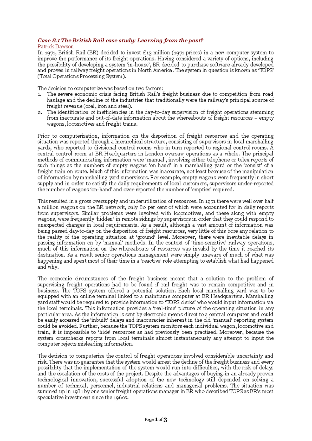 Case study 8 Case study 8 - Case 8 The British Rail case study: Learning from the past? Patrick ...