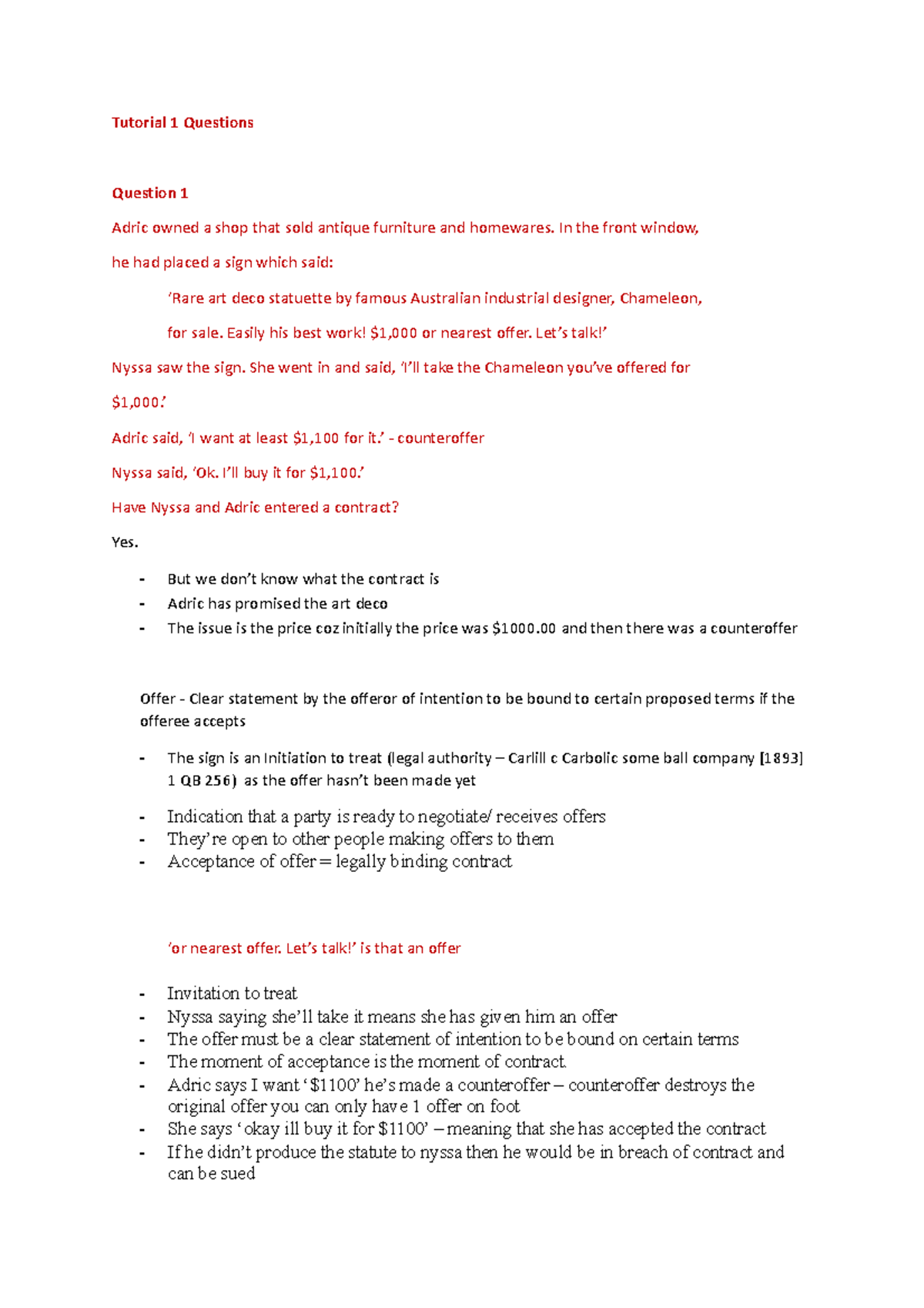 Tutorial 1 questions - Tutorial 1 Questions Question 1 Adric owned a shop that sold antique ...