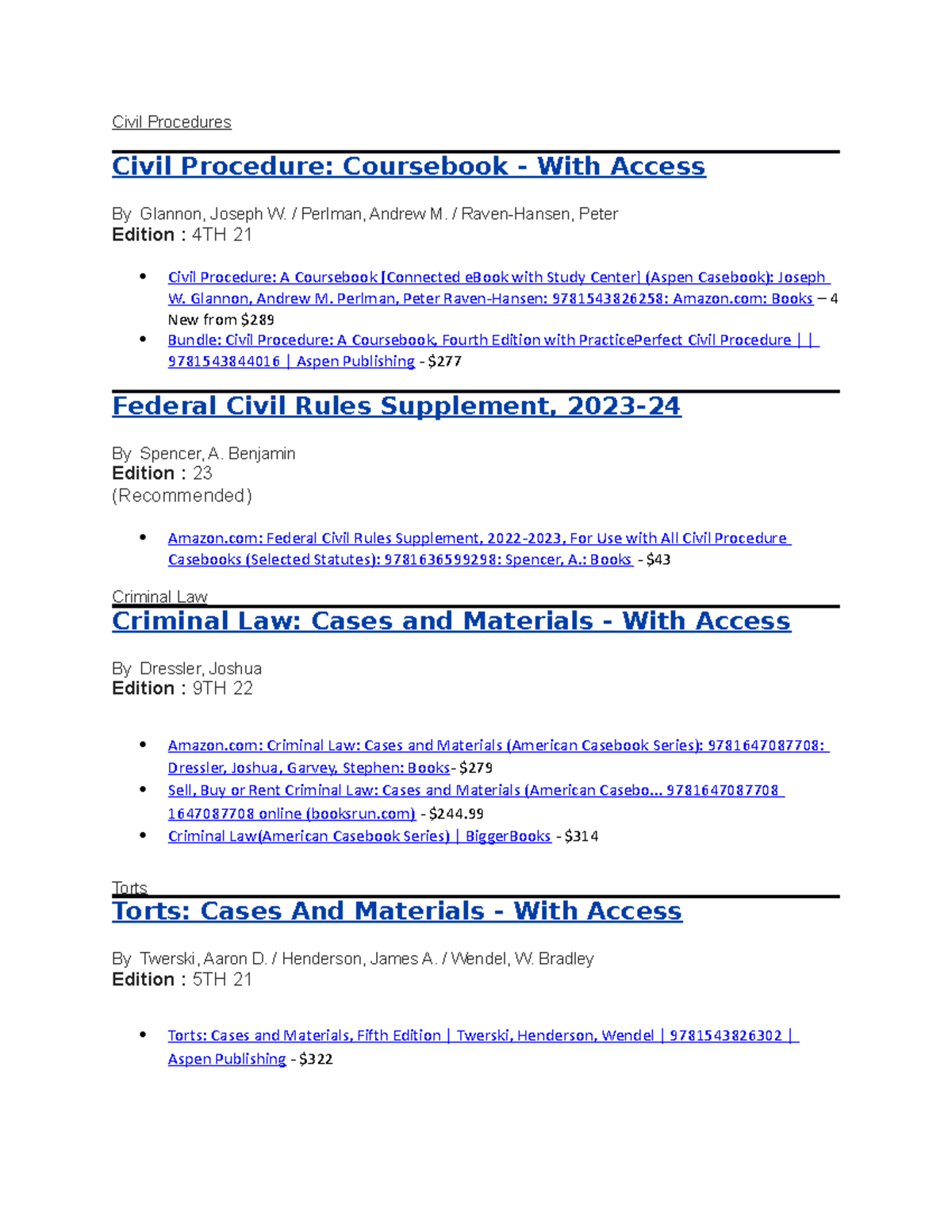 Law School Textbook List - Civil Procedures Civil Procedure: Coursebook ...