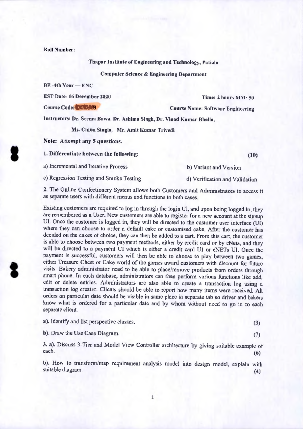 UCS503 - previous year question paper - Roll Number: Thapar Institute of Engineering and ...