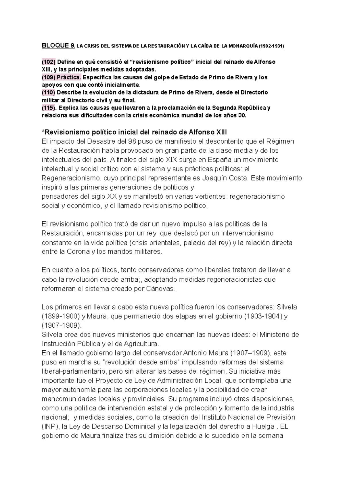Bloque 9 de la EBAU CANARIAS. - BLOQUE 9. LA CRISIS DEL SISTEMA DE LA RESTAURACIÓN Y LA CAÍDA DE ...