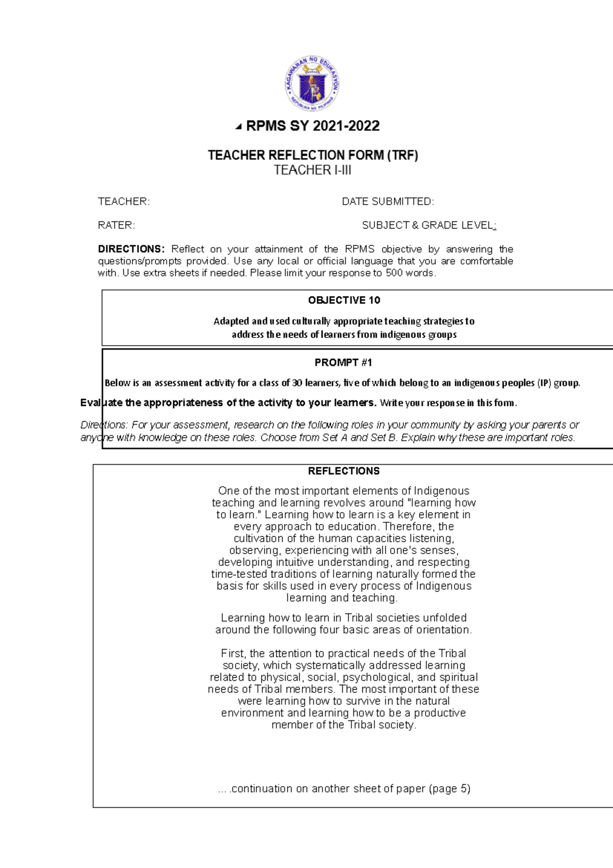 Trf10 Info TEACHER DATE SUBMITTED RATER SUBJECT GRADE LEVEL