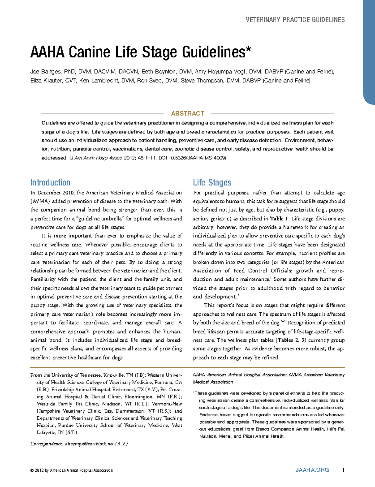Canine life stage guidelines - VETERINARY PRACTICE GUIDELINES AAHA ...