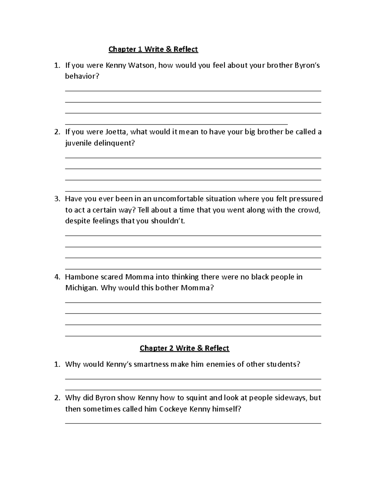 Watson Write and Reflect - Chapter 1 Write & Reflect If you were Kenny ...