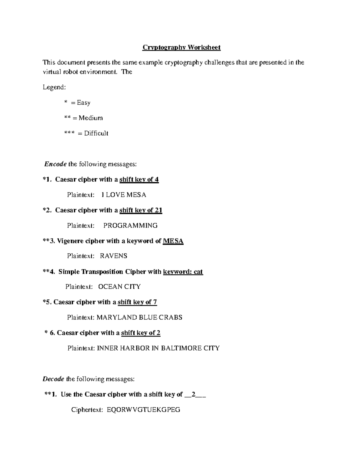 Cryptography Worksheet - Cryptography Worksheet This document presents ...