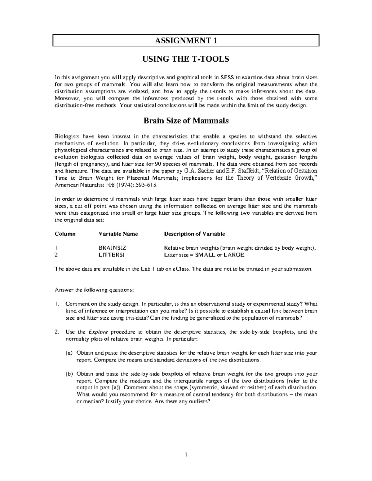 Asg1 winter 24 - LAB 1 - 1 ASSIGNMENT 1 USING THE T-TOOLS In this assignment you will apply ...