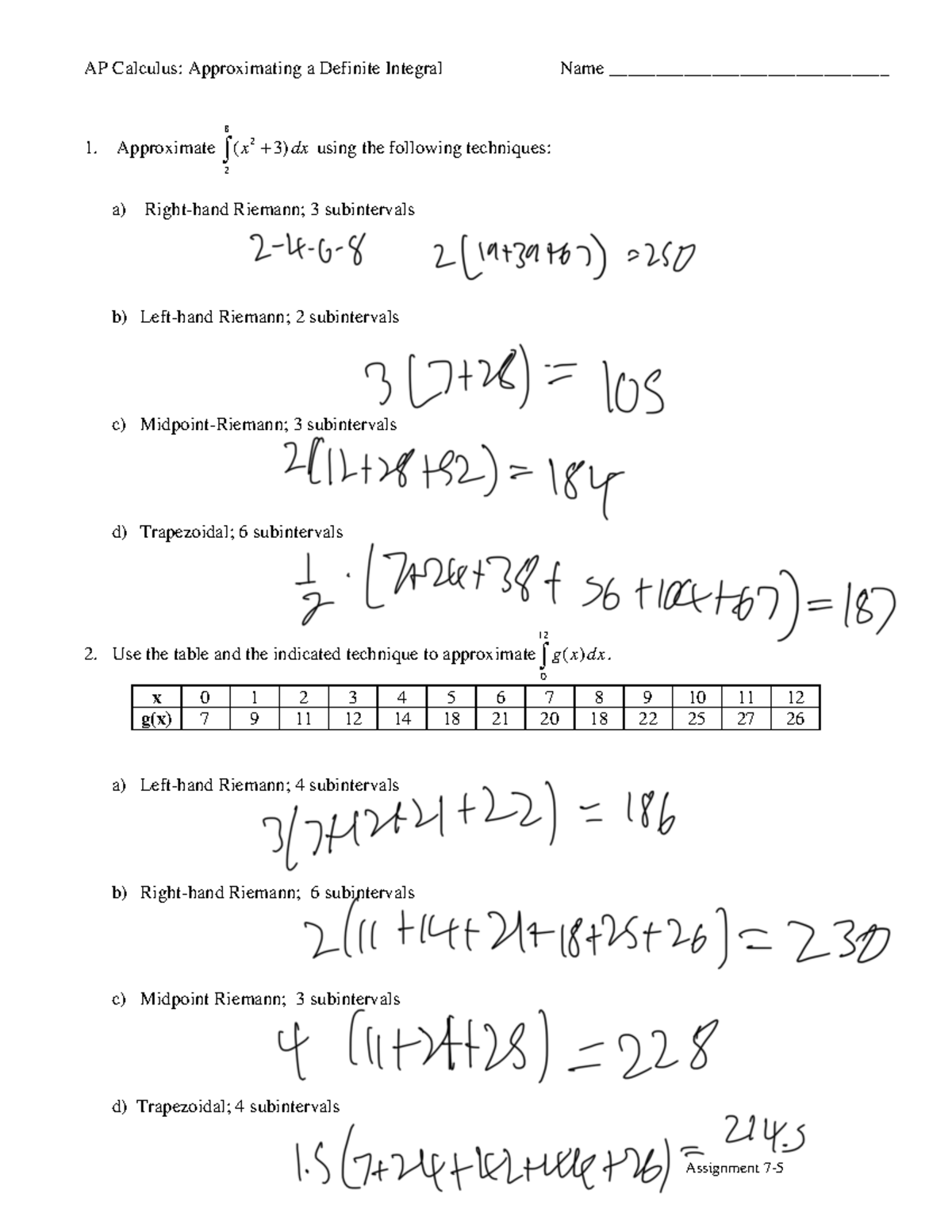 7-5 Riemann Approx Definite Integral WS - Assignment 7- 5 AP Calculus ...