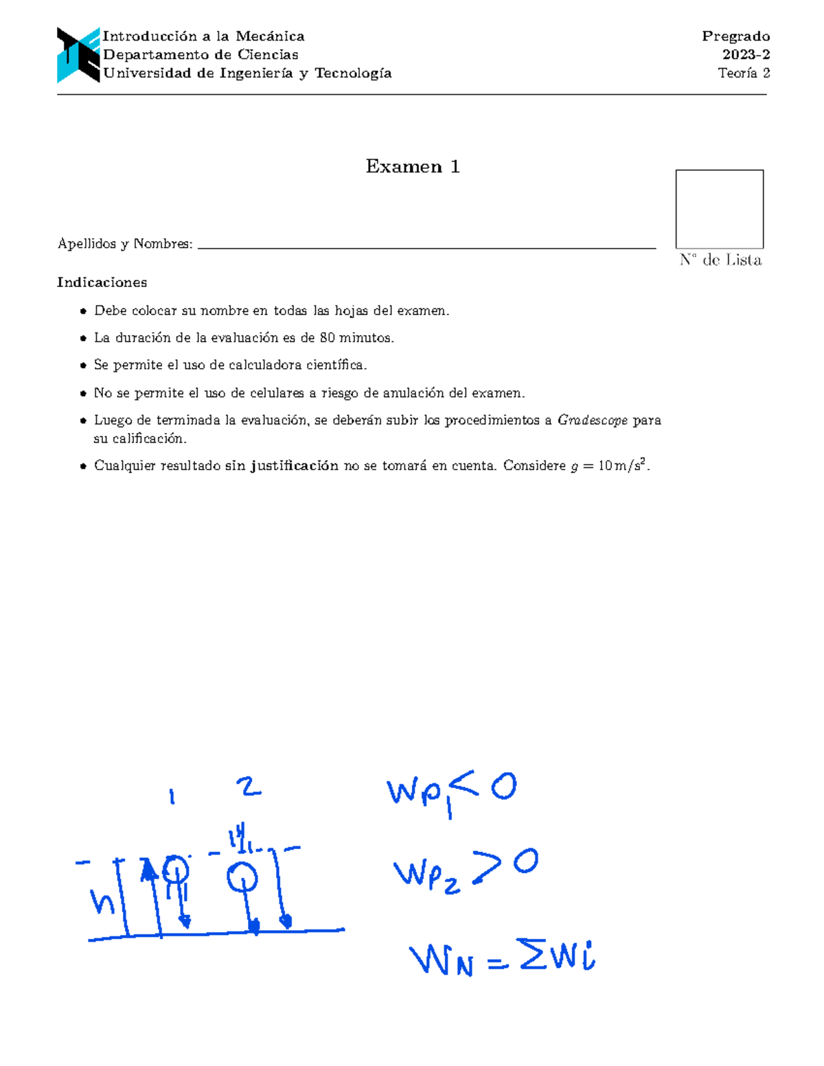 Examen T 2 20232 Sol - PRACTICANDO PROBLEMAS DE FISICA - Introducci ́on a la Mec ́anica Pregrado ...