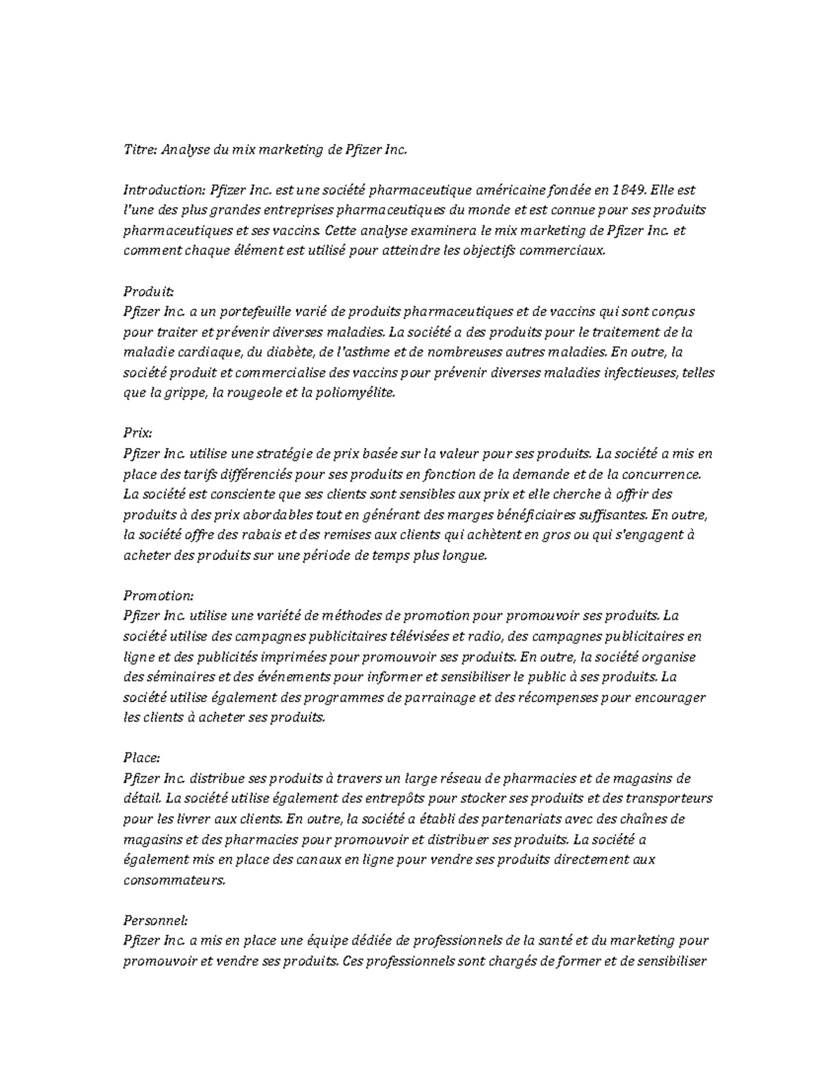 Pfizer Inc. marketing mix - Titre: Analyse du mix marketing de Pfizer ...