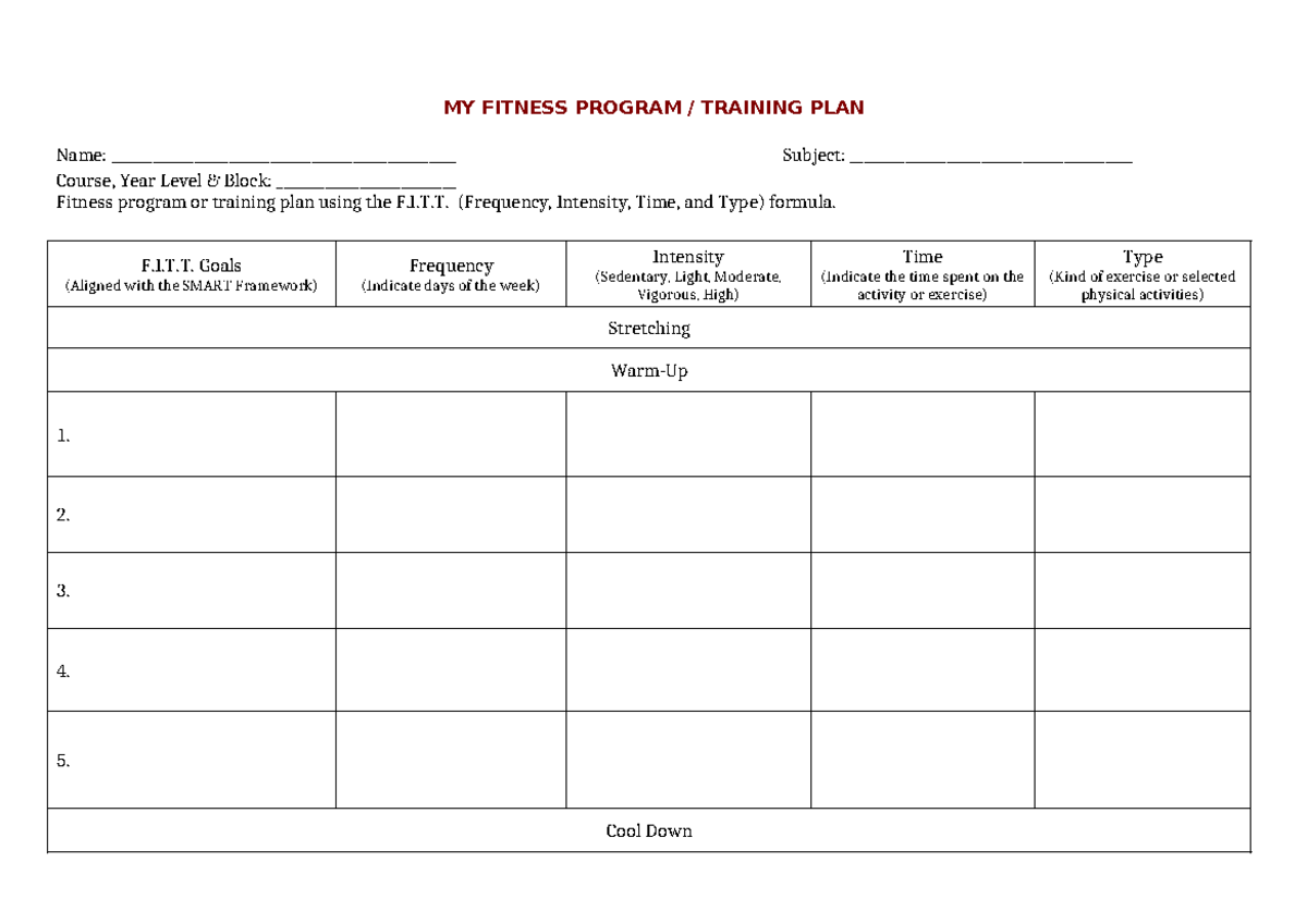 Fitness Program Training Plan Pathfit 2 1 1 - MY FITNESS PROGRAM ...