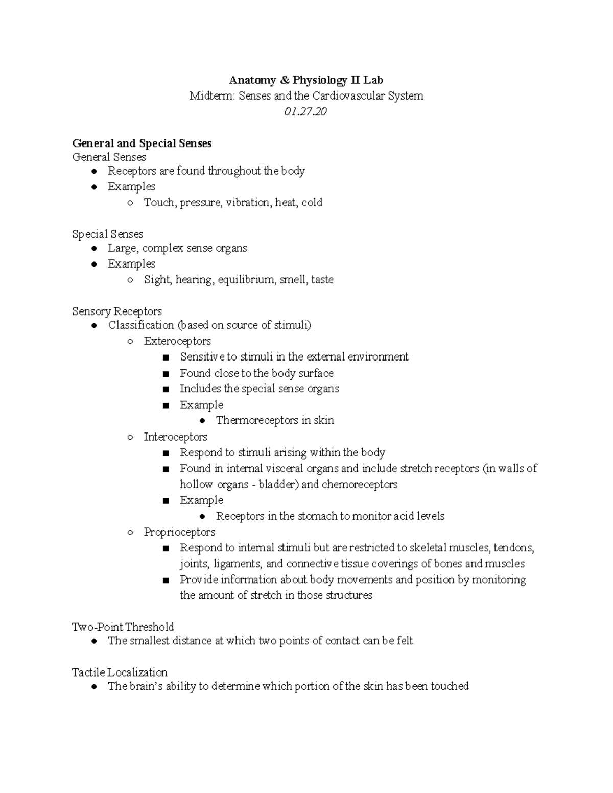 Midterm - All - Anatomy & Physiology II Lab Midterm: Senses and the ...