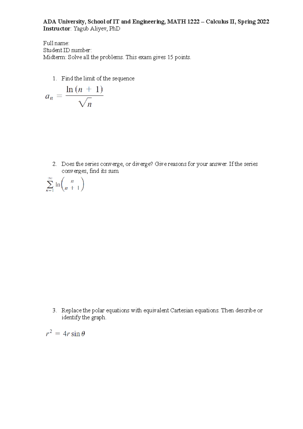 Calculus 2Midterm D 2022 - ADA University, School of IT and Engineering ...