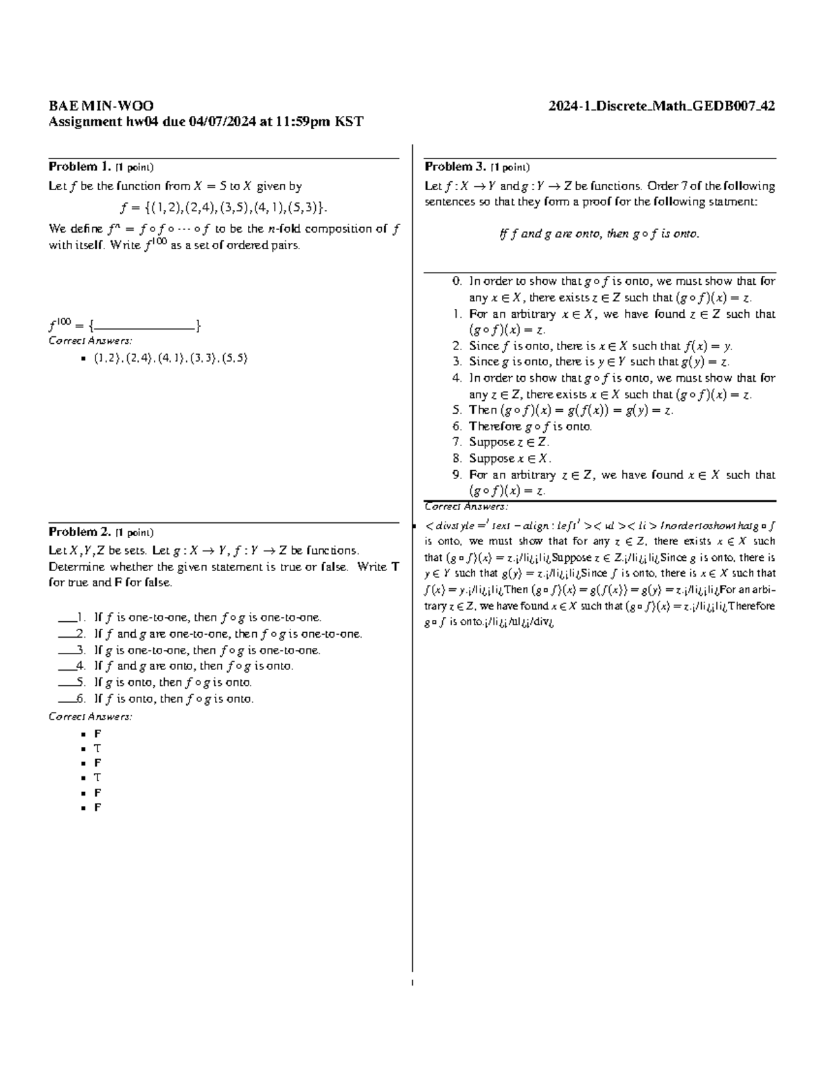 2024-1 Discrete Math GEDB007 42 - (1 point) Let f be the function from ...