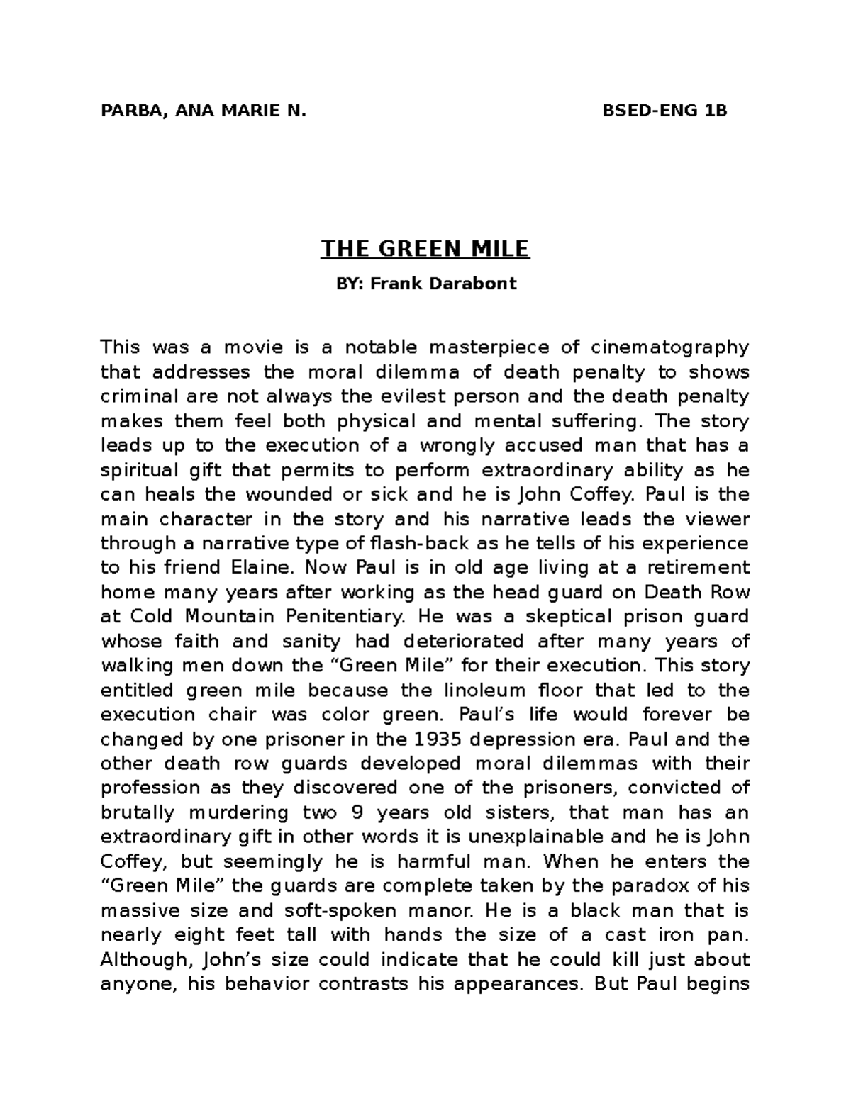 Reflection Paper(THE Green MILE) - PARBA, ANA MARIE N. BSED-ENG 1B THE ...