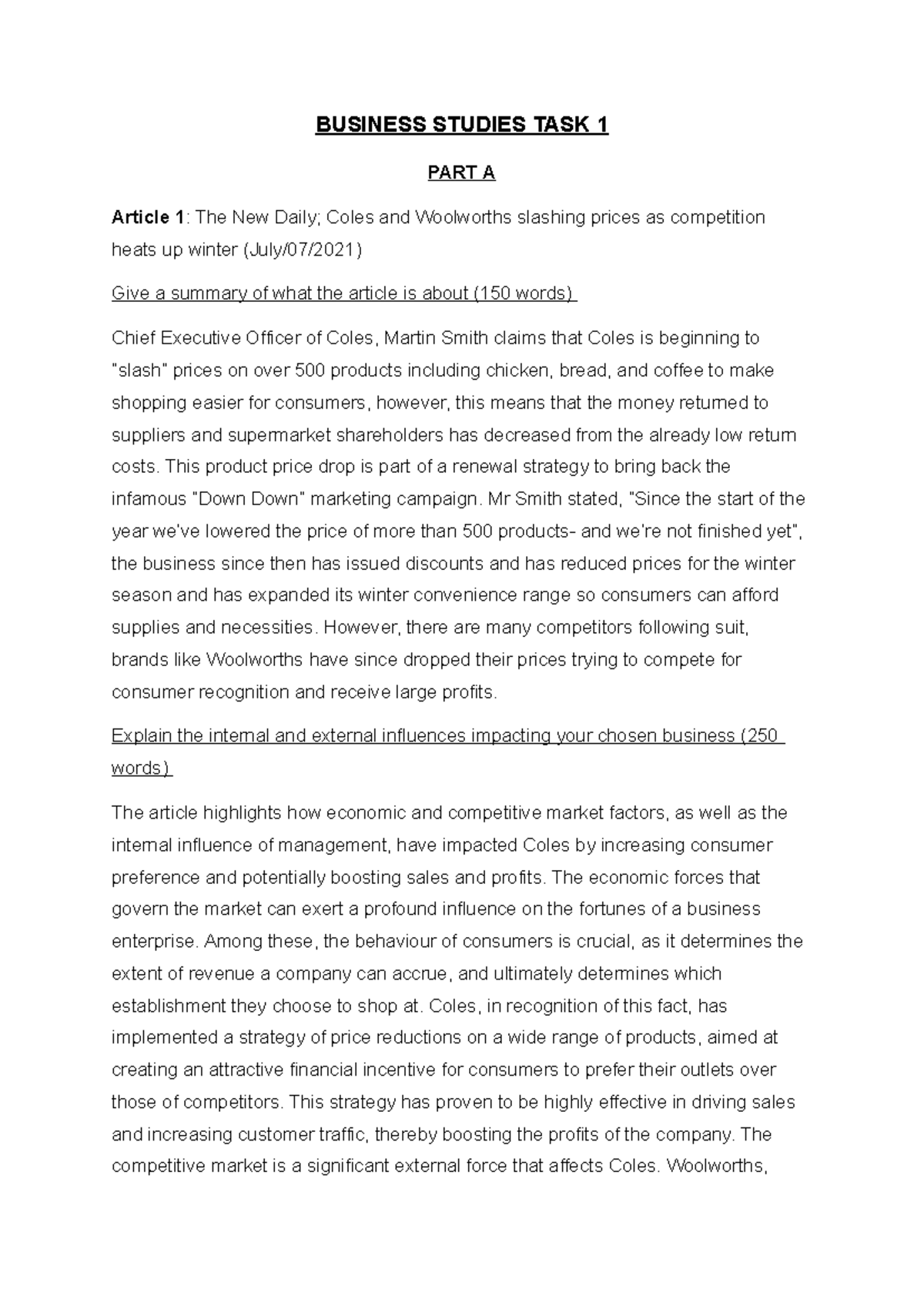 Business Studies TASK 1 PART B - BUSINESS STUDIES TASK 1 PART A Article 1: The New Daily; Coles ...