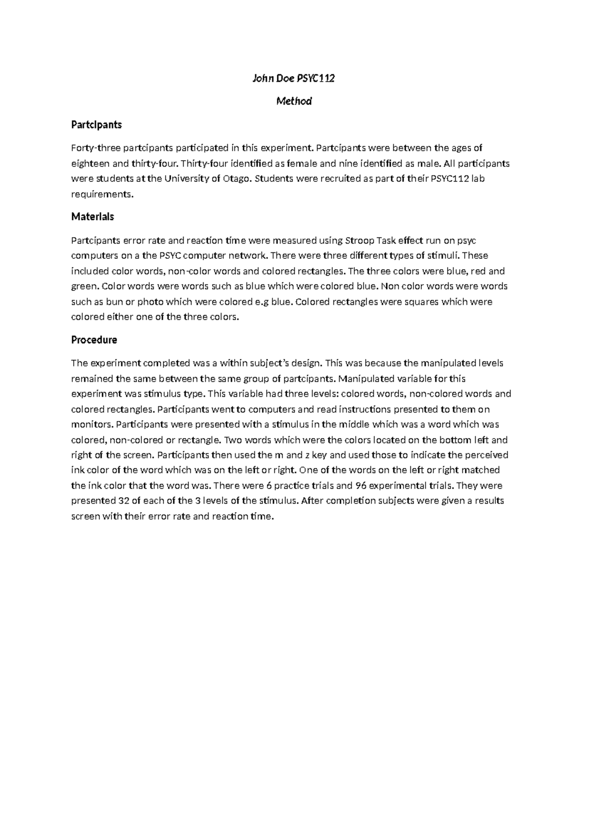 PSYC112 - Stroop effect Method - John Doe PSYC Method Partcipants Forty ...